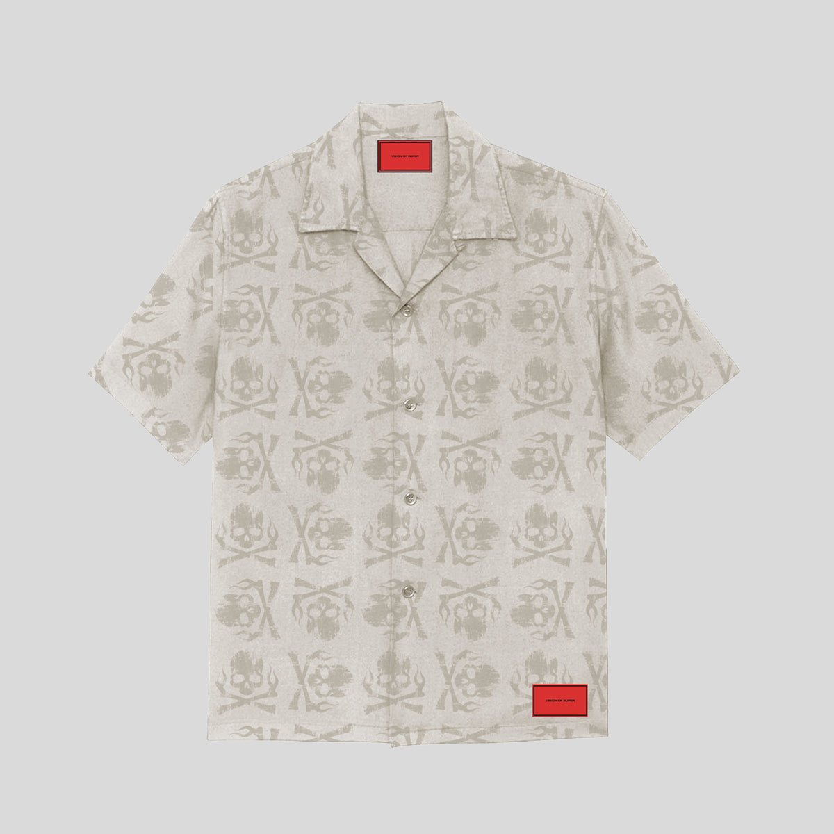 LIGHT SAND SHIRT WITH SAND SKULL ALL OVER AND RED LABEL – Vision of Super